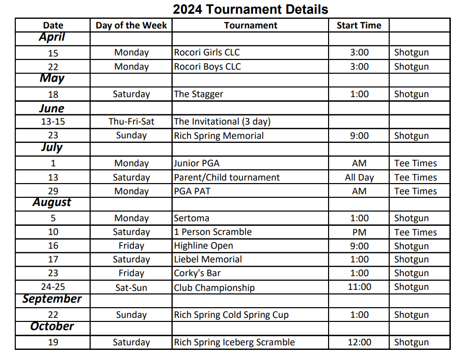 2024 Tournament Schedule - Rich Spring Golf Club