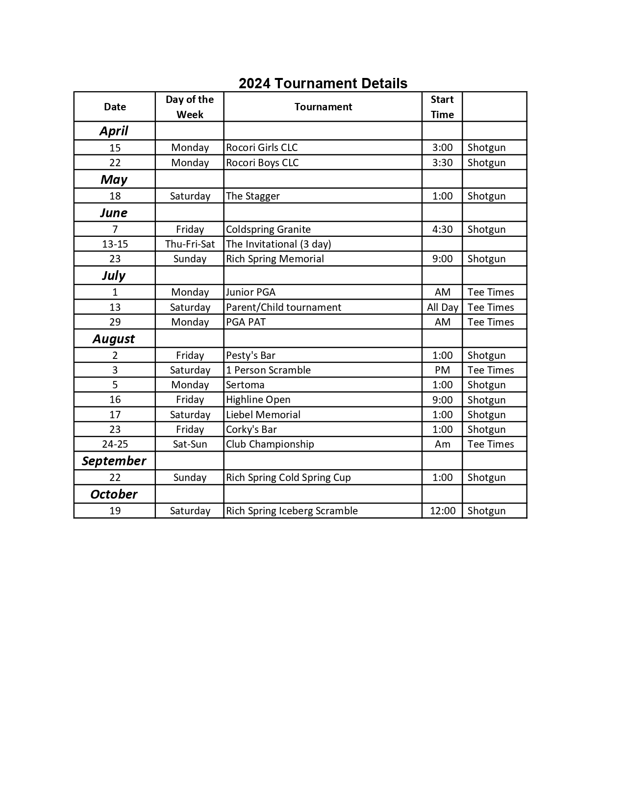 2024 Tournament Schedule - Rich Spring Golf Club