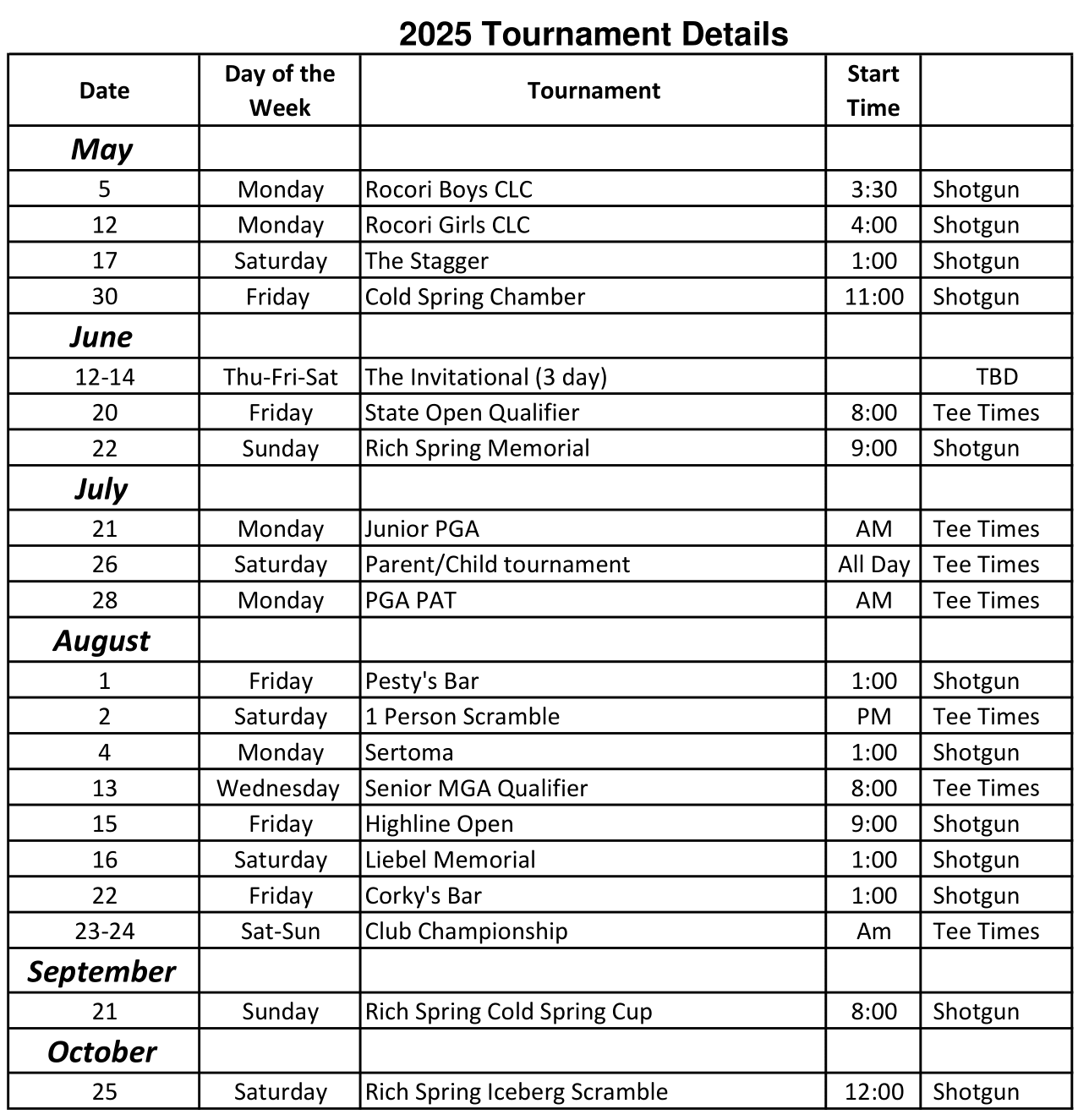 2025 Tournament Schedule - Rich Spring Golf Club